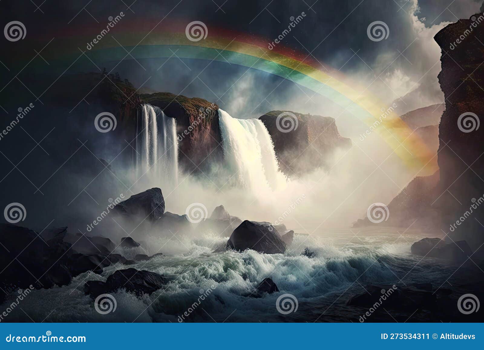 Rainbow Over a Waterfall, with Mist and Spray Visible Stock ...