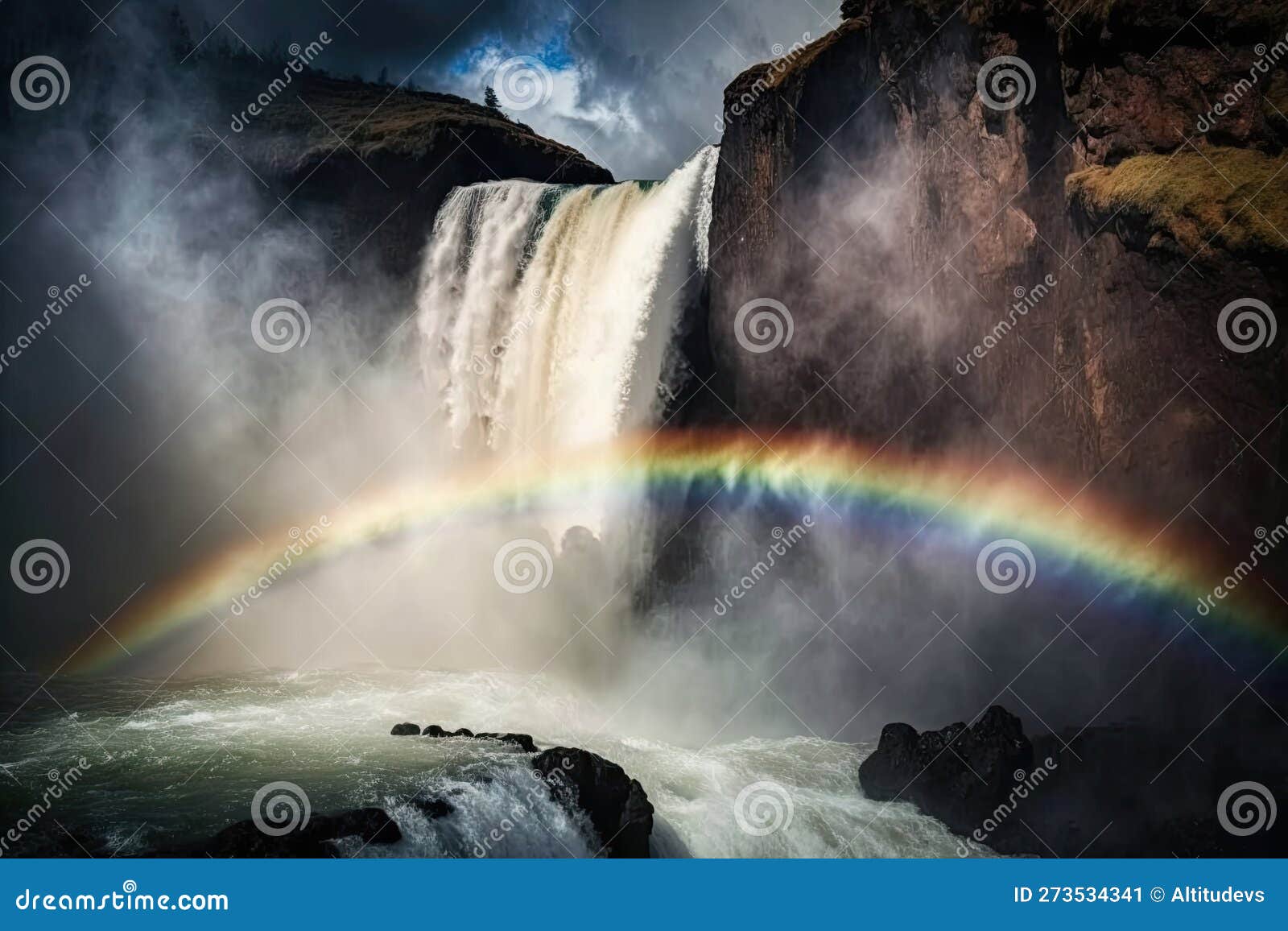 Rainbow Over a Waterfall, with Mist and Spray Visible Stock ...