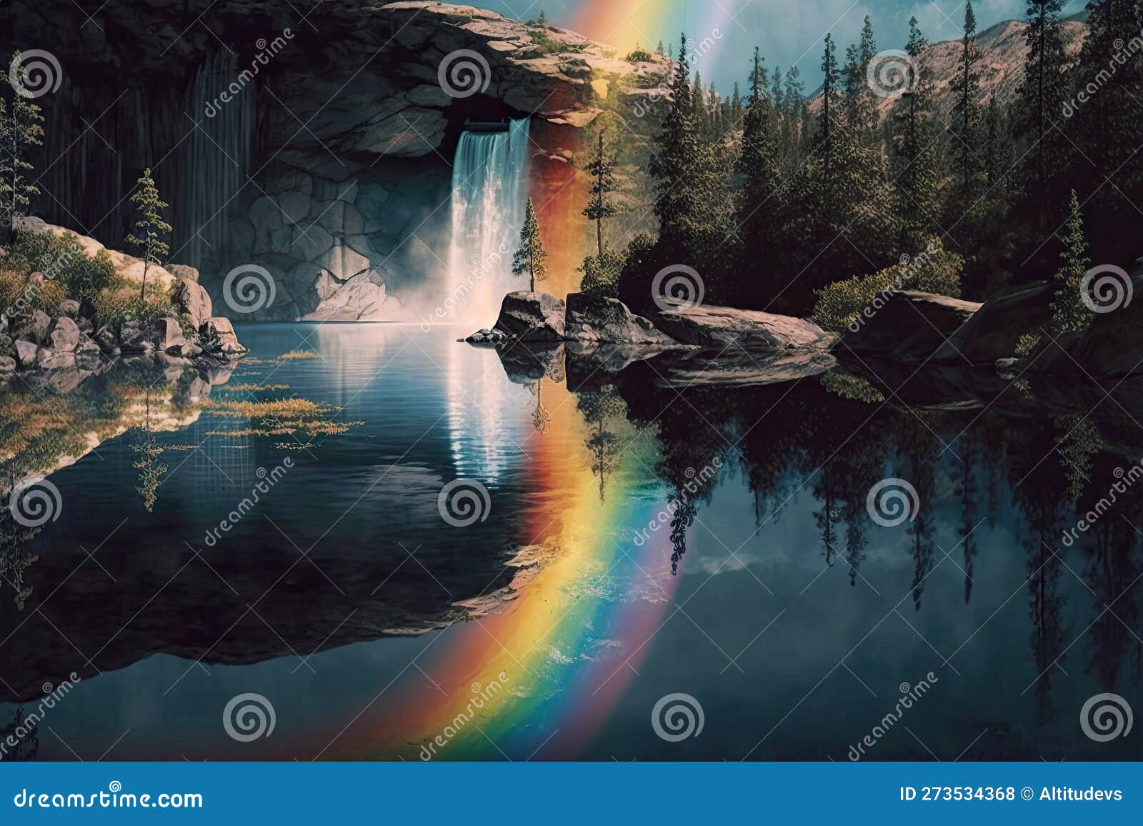 A Rainbow Over a Waterfall, Reflected in the Calm Waters of a Serene ...