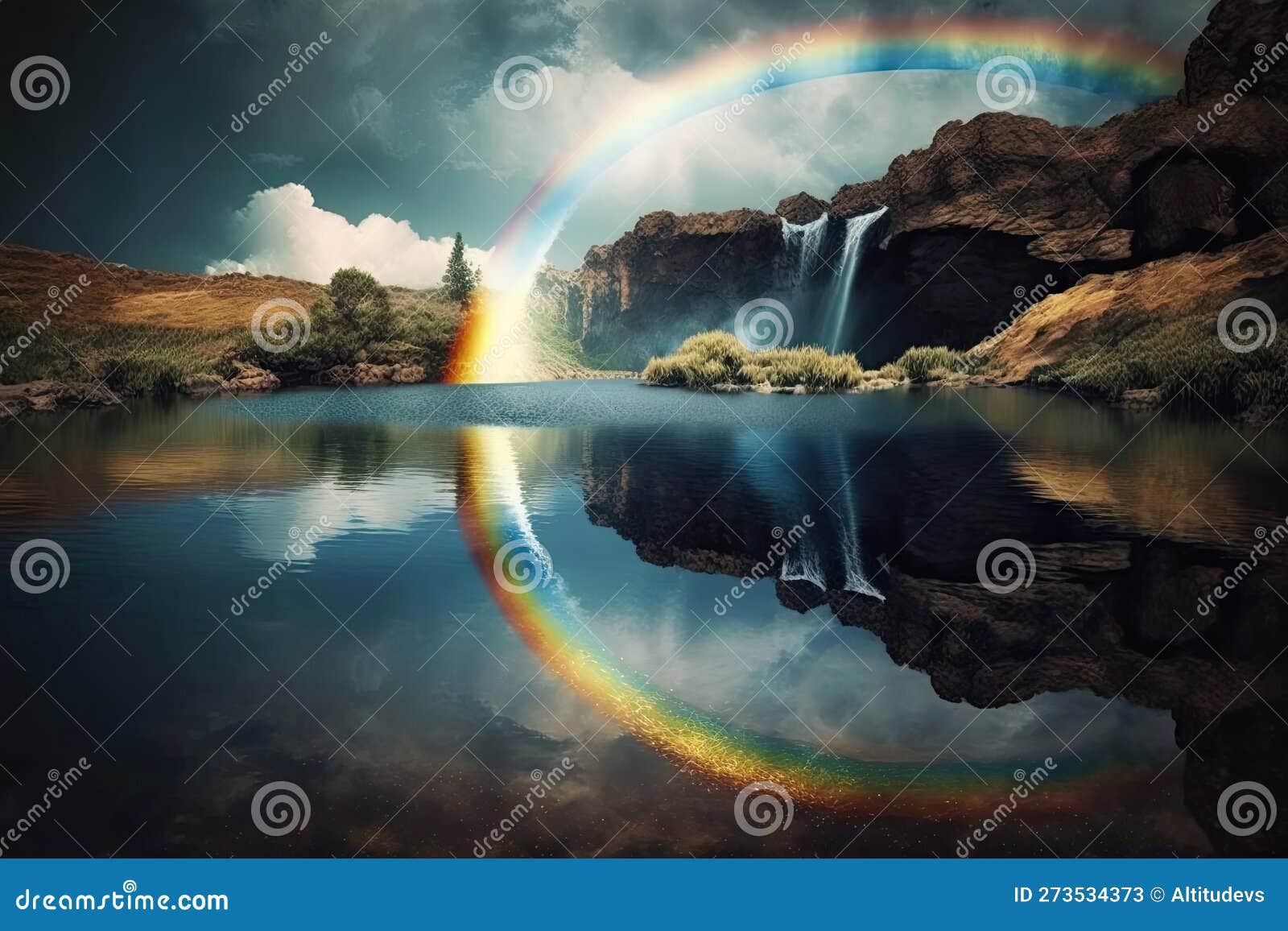A Rainbow Over a Waterfall, Reflected in the Calm Waters of a Serene ...