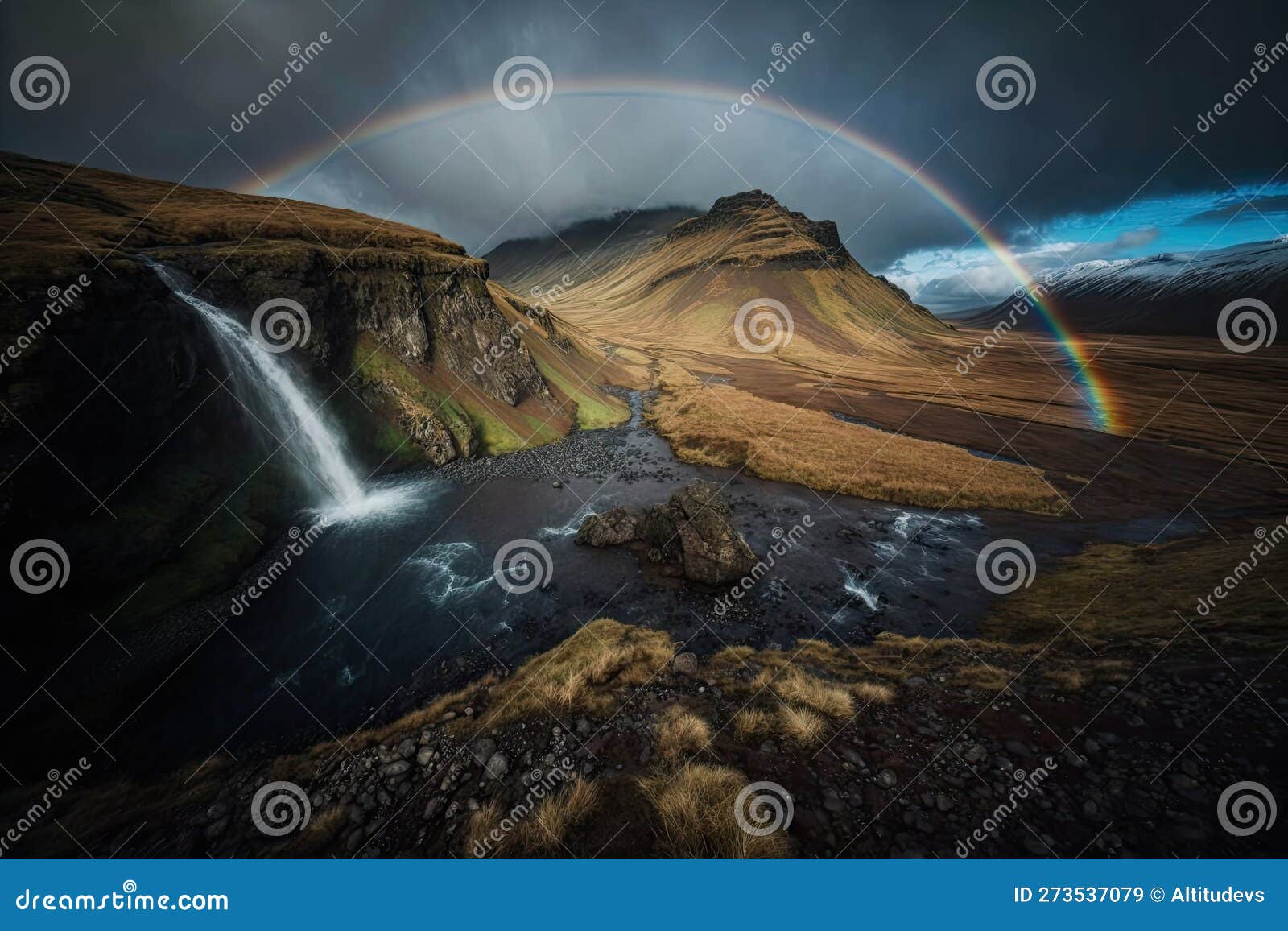 A Rainbow Over a Waterfall in a Rugged and Remote Landscape Stock ...