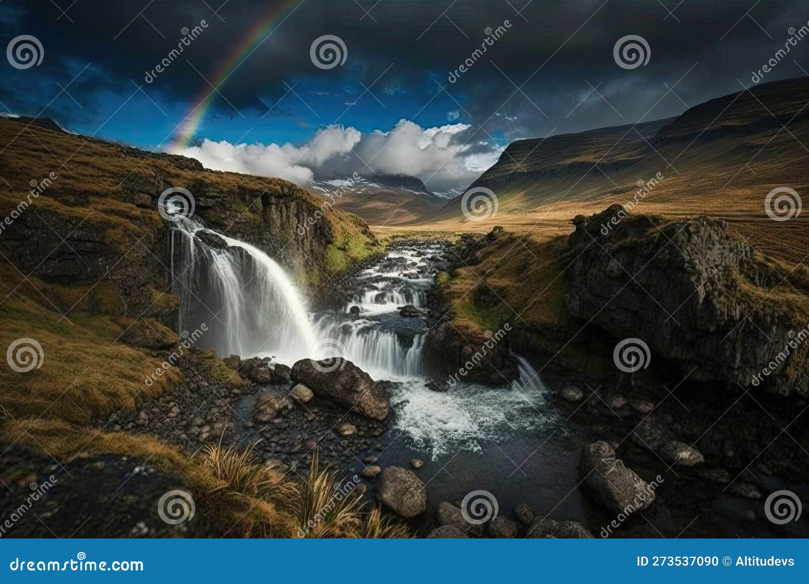 A Rainbow Over a Waterfall in a Rugged and Remote Landscape Stock ...