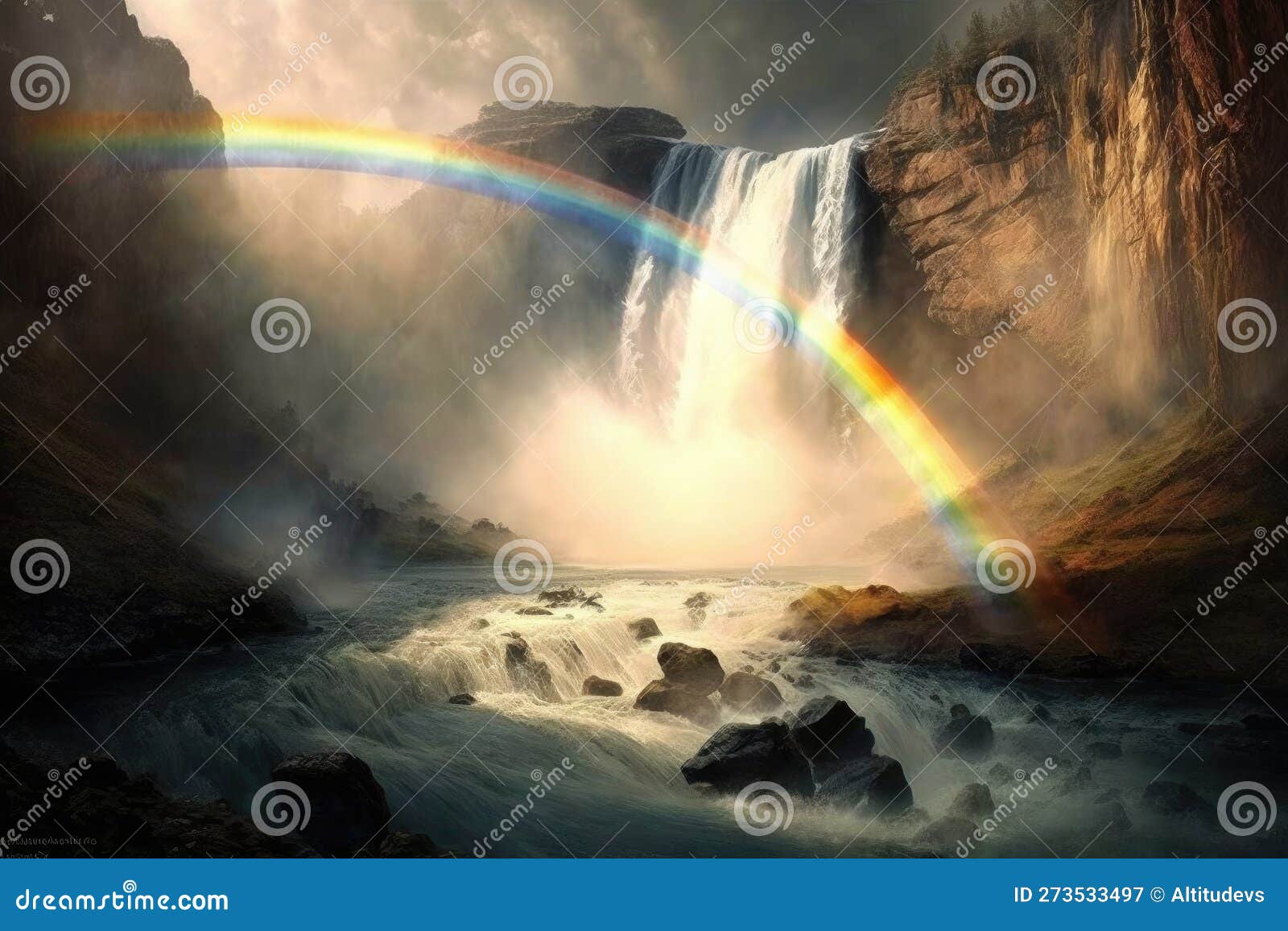 A Rainbow Over a Waterfall, with the Sun Shining through the Mist Stock ...