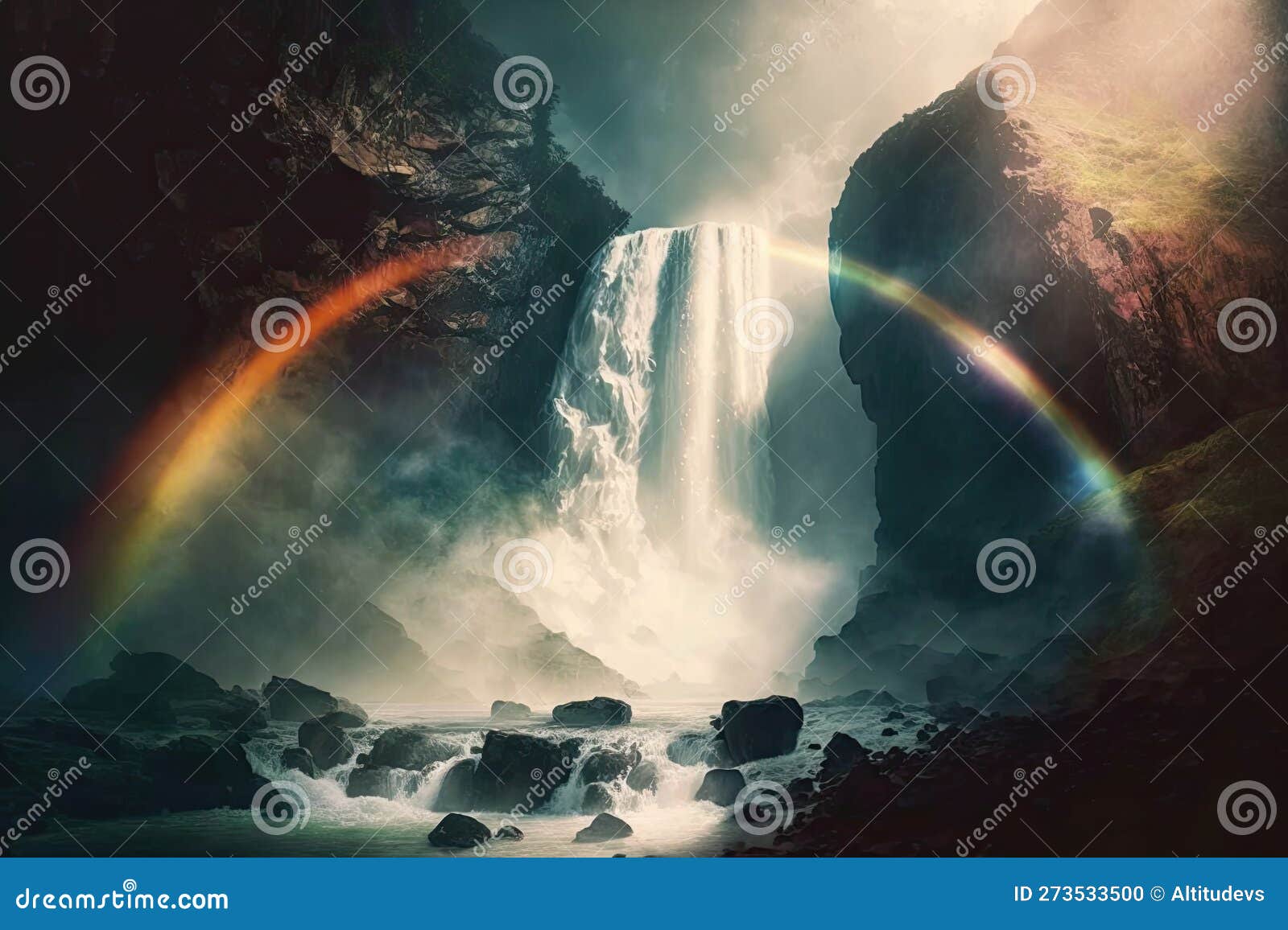A Rainbow Over a Waterfall, with the Sun Shining through the Mist Stock ...