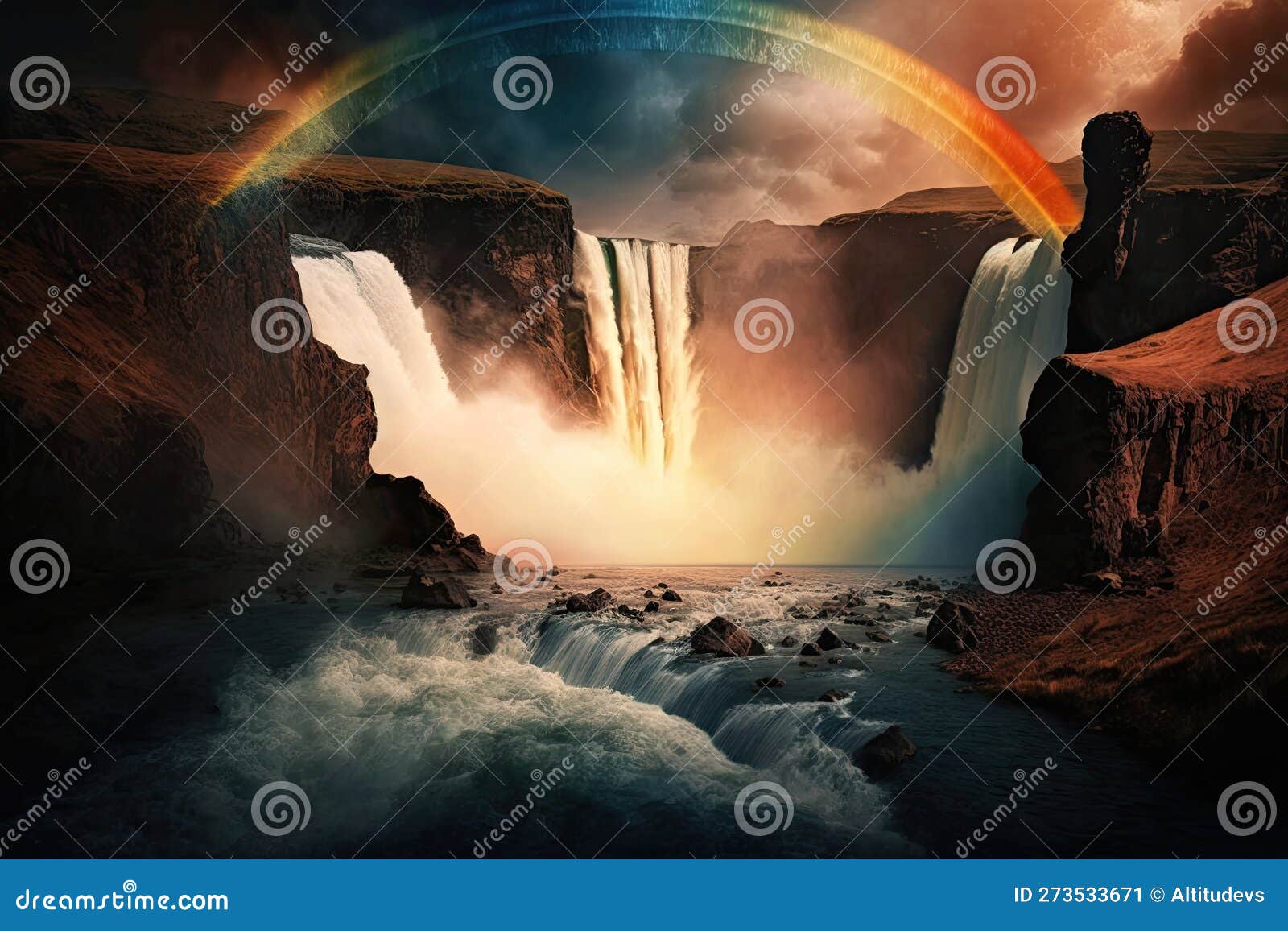 Rainbow Over a Waterfall, with the Sun Sinking Below the Horizon in the ...