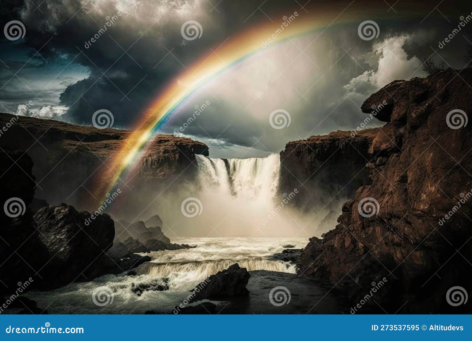 Rainbow Over a Waterfall, with Sunlight Shining through the Clouds ...