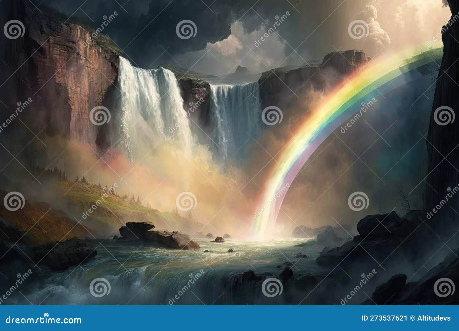 Rainbow Over a Waterfall, with Sunlight Shining through the Clouds ...