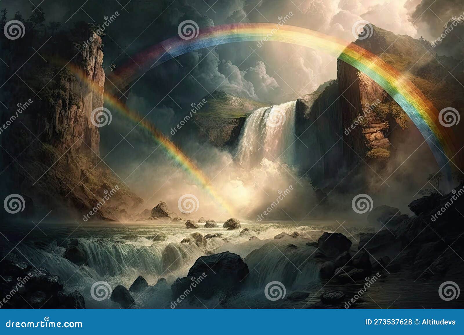 Rainbow Over a Waterfall, with Sunlight Shining through the Clouds ...