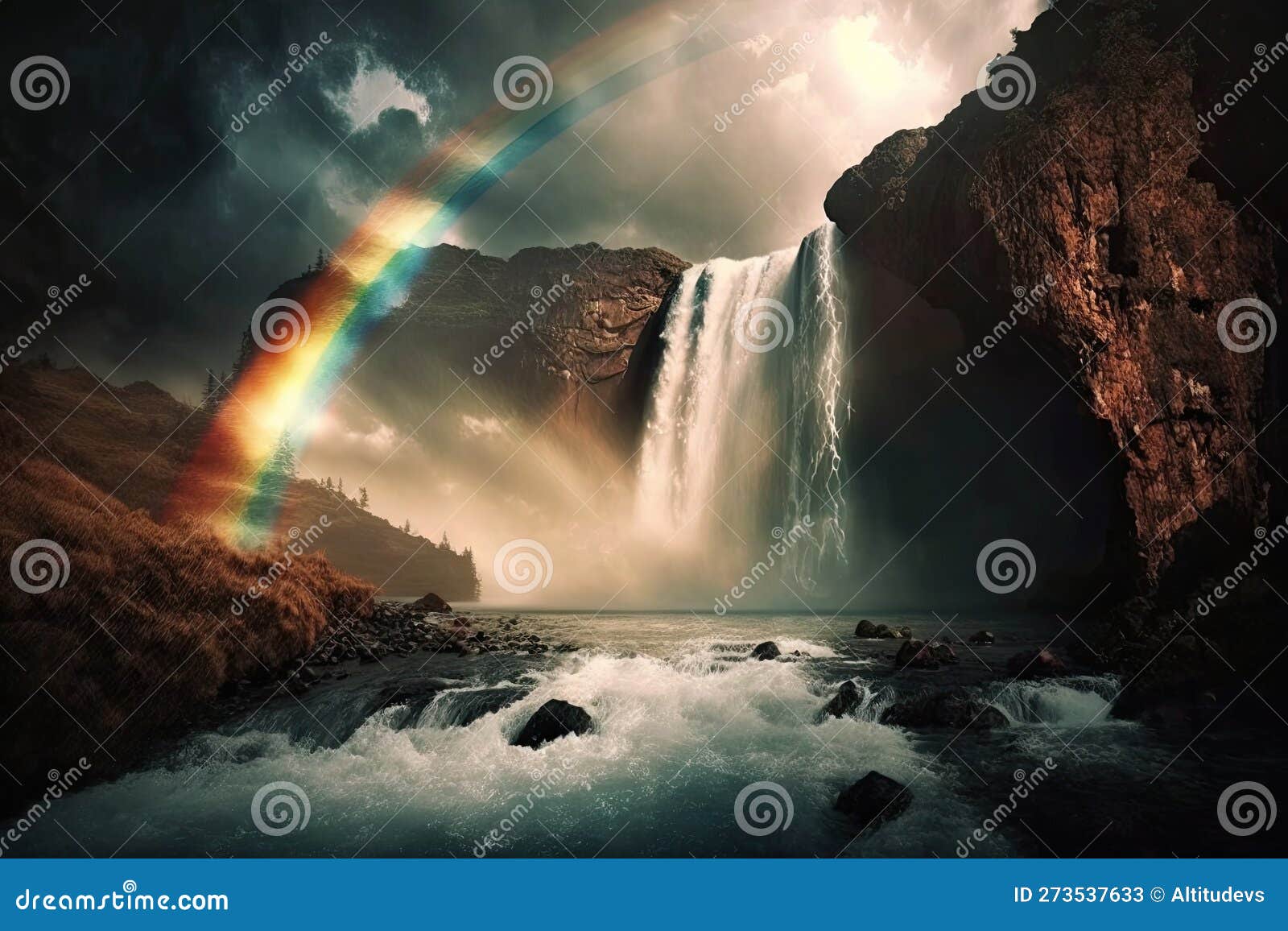 Rainbow Over a Waterfall, with Sunlight Shining through the Clouds ...