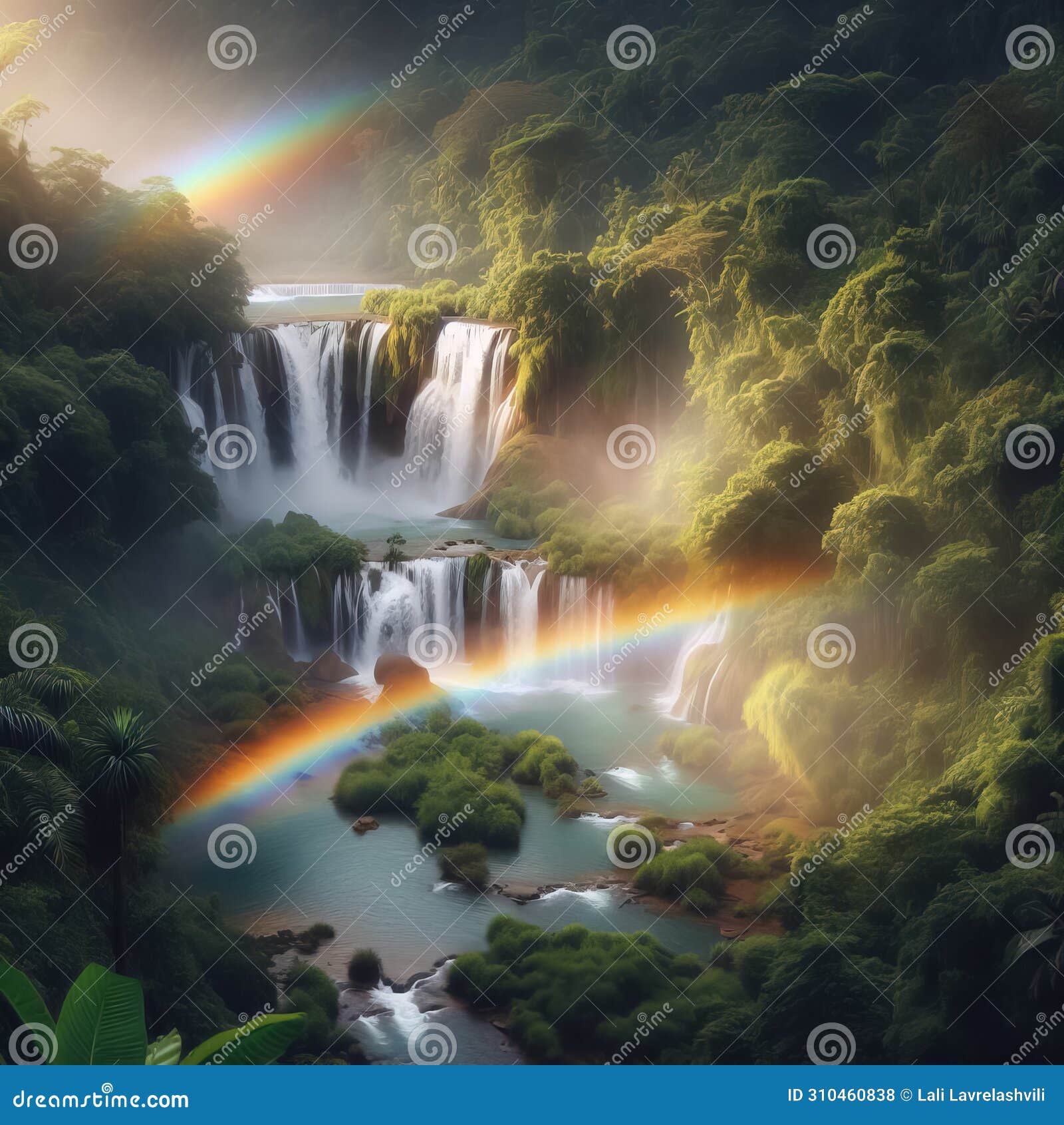 A Rainbow Over a Waterfall Surrounded by Lush Vegetation Stock ...
