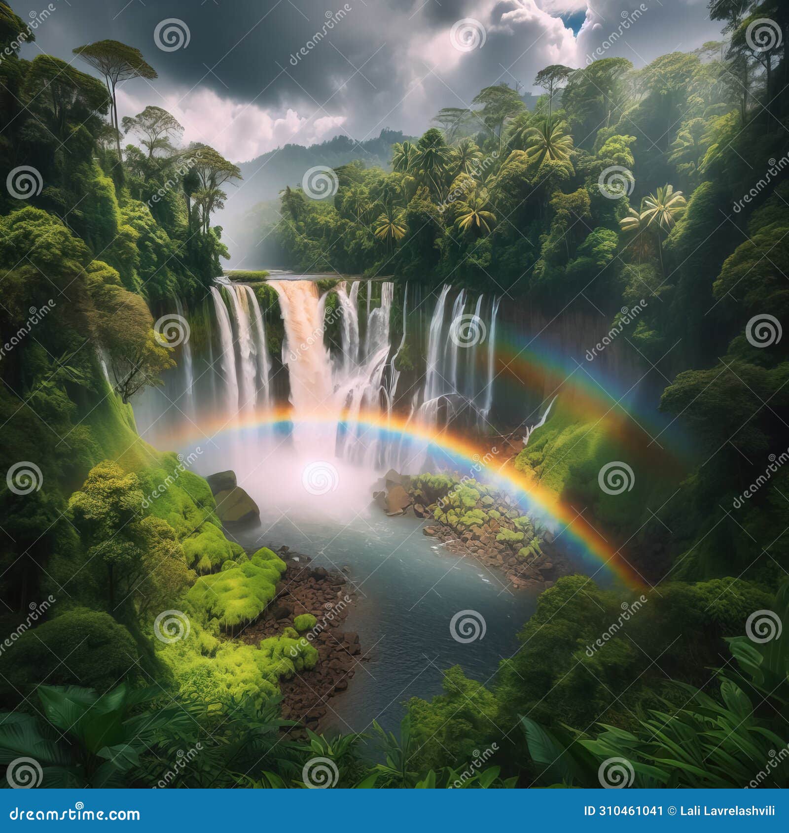 A Rainbow Over a Waterfall Surrounded by Lush Vegetation Stock ...