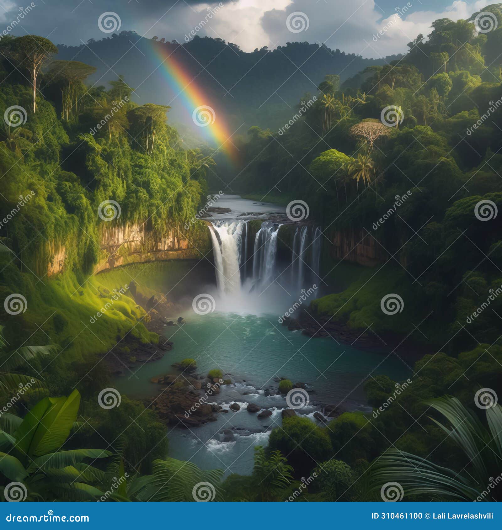 A Rainbow Over a Waterfall Surrounded by Lush Vegetation Stock ...