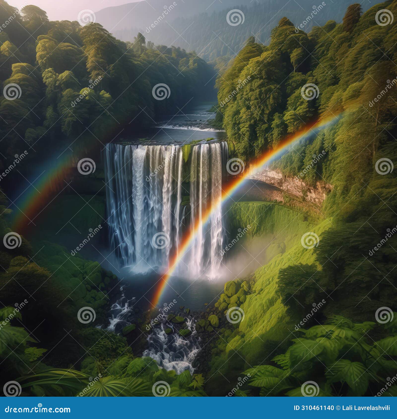 A Rainbow Over a Waterfall Surrounded by Lush Vegetation Stock ...