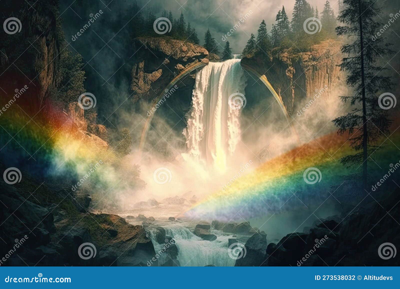 Rainbow Over Waterfall Surrounded by Mist, with View of the Forest in ...
