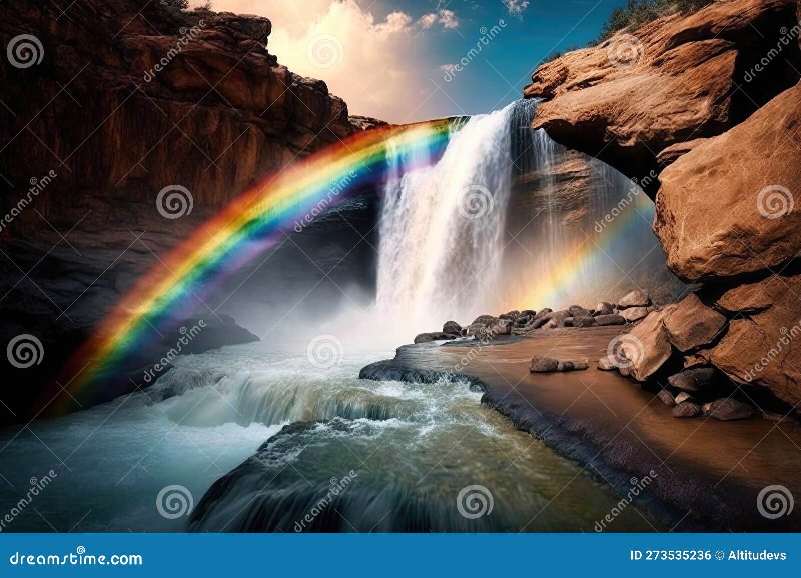 A Rainbow Over a Waterfall, with the Water Crashing Down into a Pool ...