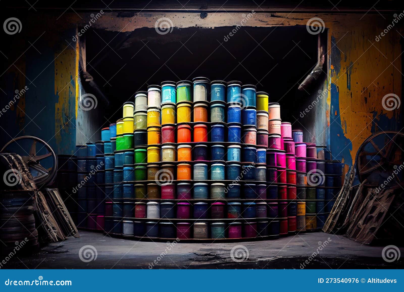 A Rainbow of Paint Cans, Stacked Neatly in a Workshop. Stock Photo ...