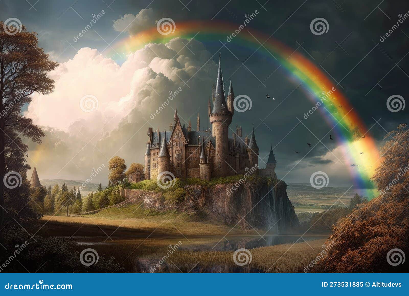 Rainbow Passing Over the Spires of a Medieval Castle, with a View of ...