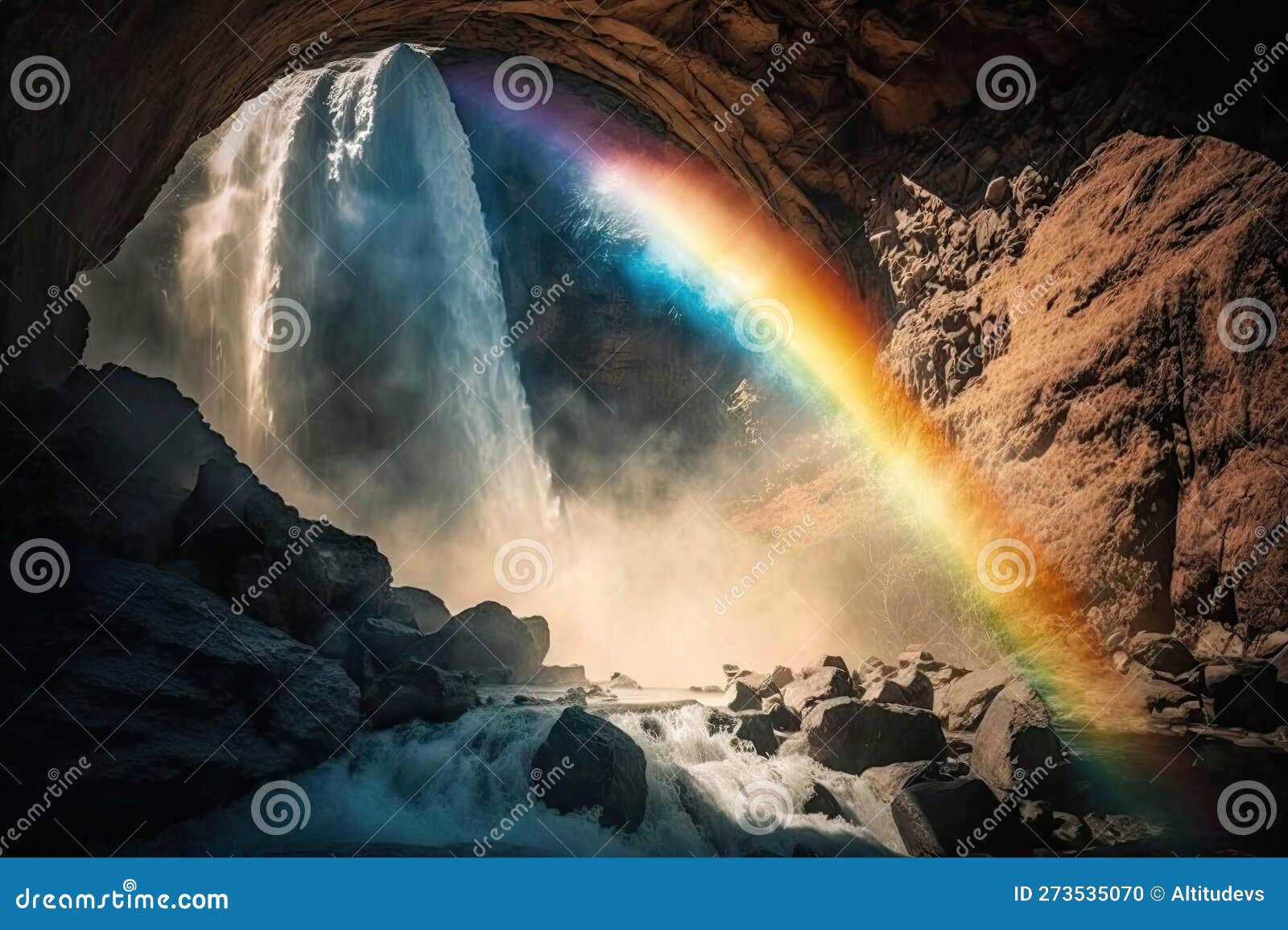 A Rainbow Peeks Over a Waterfall, with the Sun Shining through Stock ...