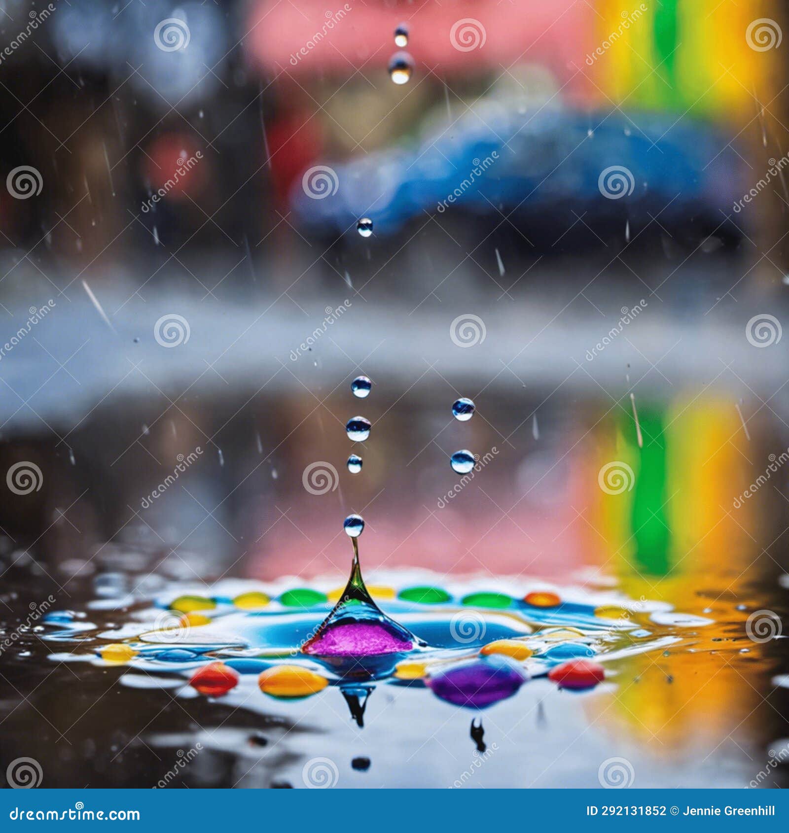 Rainbow Raindrops Falling into a Puddle Stock Photo - Image of ...