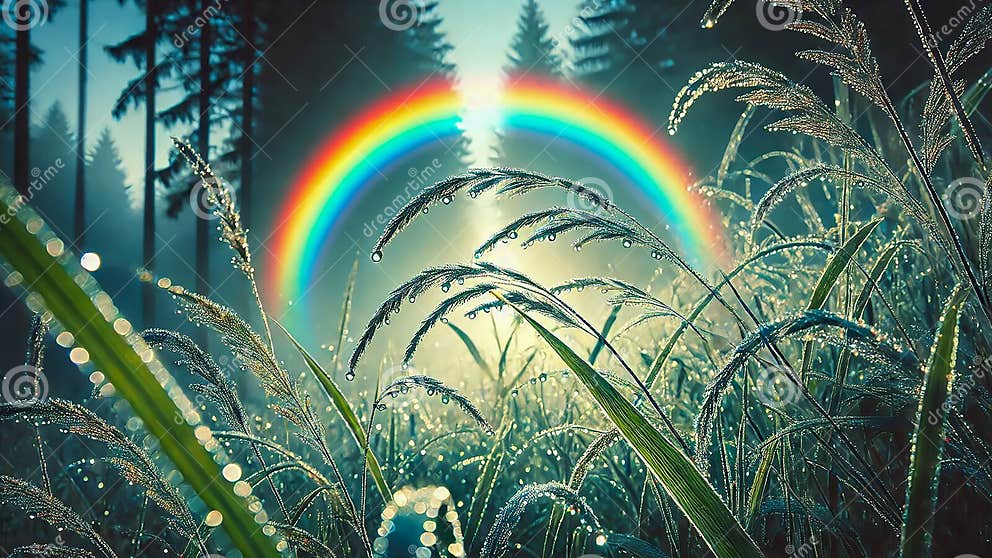 Rainbow Reflected in Dew-covered Grass Blades. the Background is Softly ...