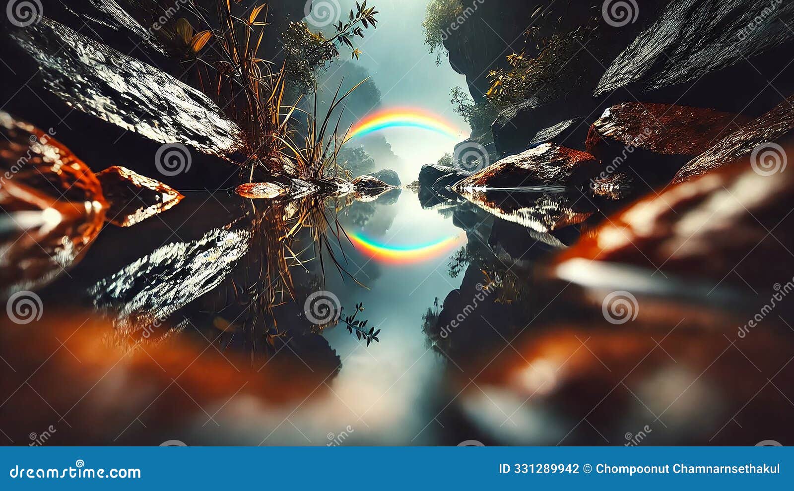 Rainbow Reflected in a Still Puddle. the Background is Slightly Blurred ...