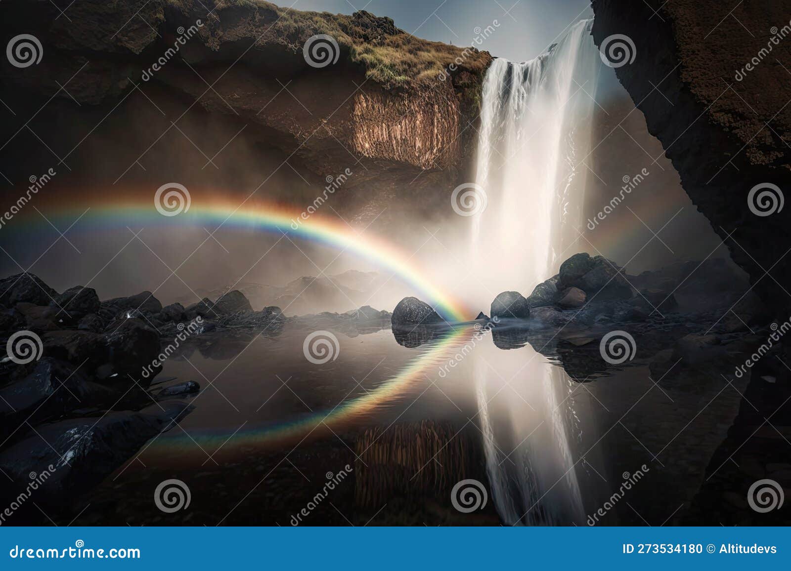 A Rainbow Reflected on the Surface of a Waterfall, with Mist Rising in ...