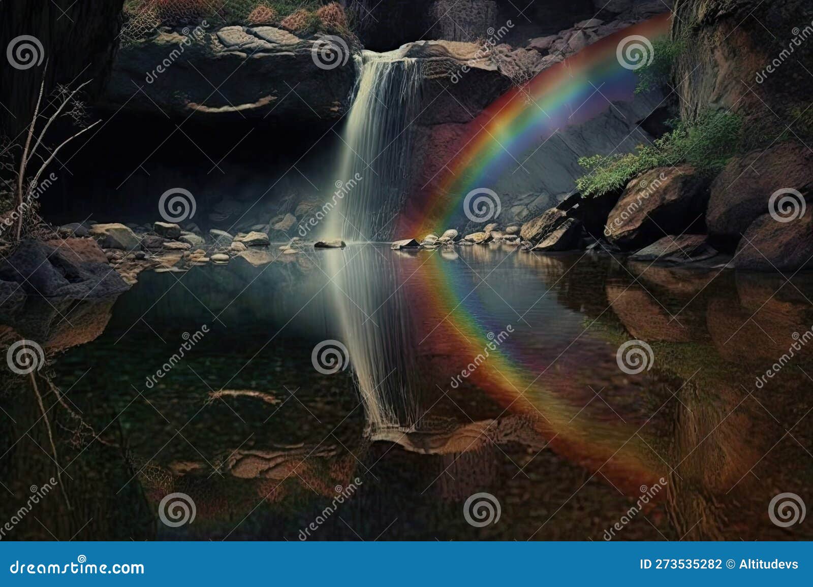 Rainbow Reflected in the Water of a Peaceful Waterfall Stock ...