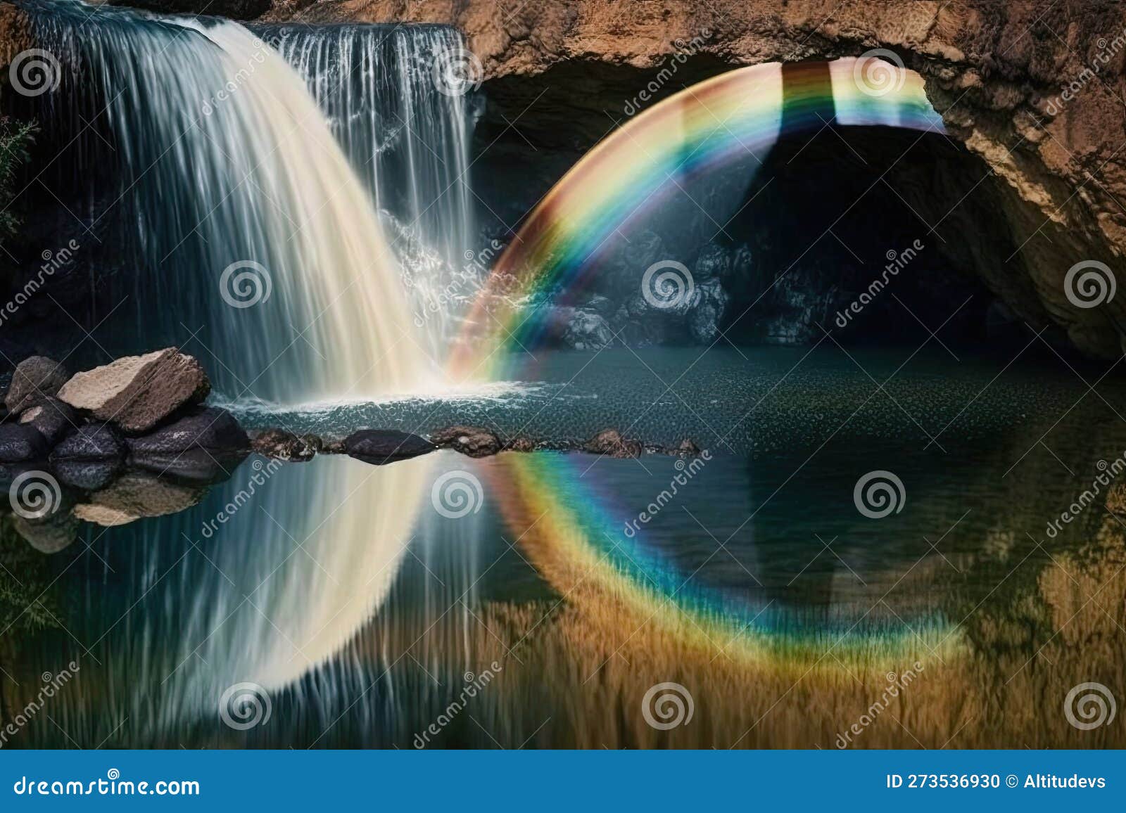 A Rainbow Reflected in the Water of a Peaceful Waterfall Stock ...
