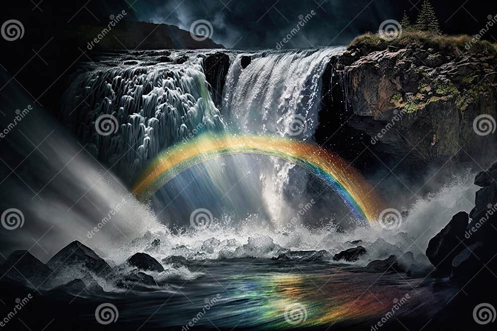Rainbow Reflected in the Water of a Rushing Waterfall Stock ...