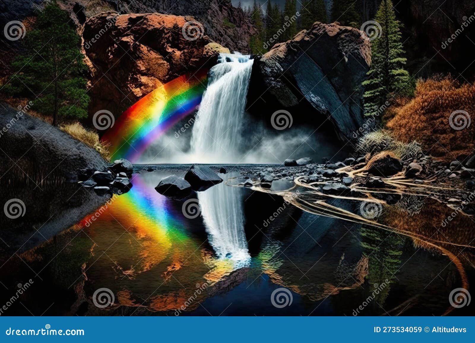 Rainbow Reflected in the Waters of a Cascading Waterfall Stock ...