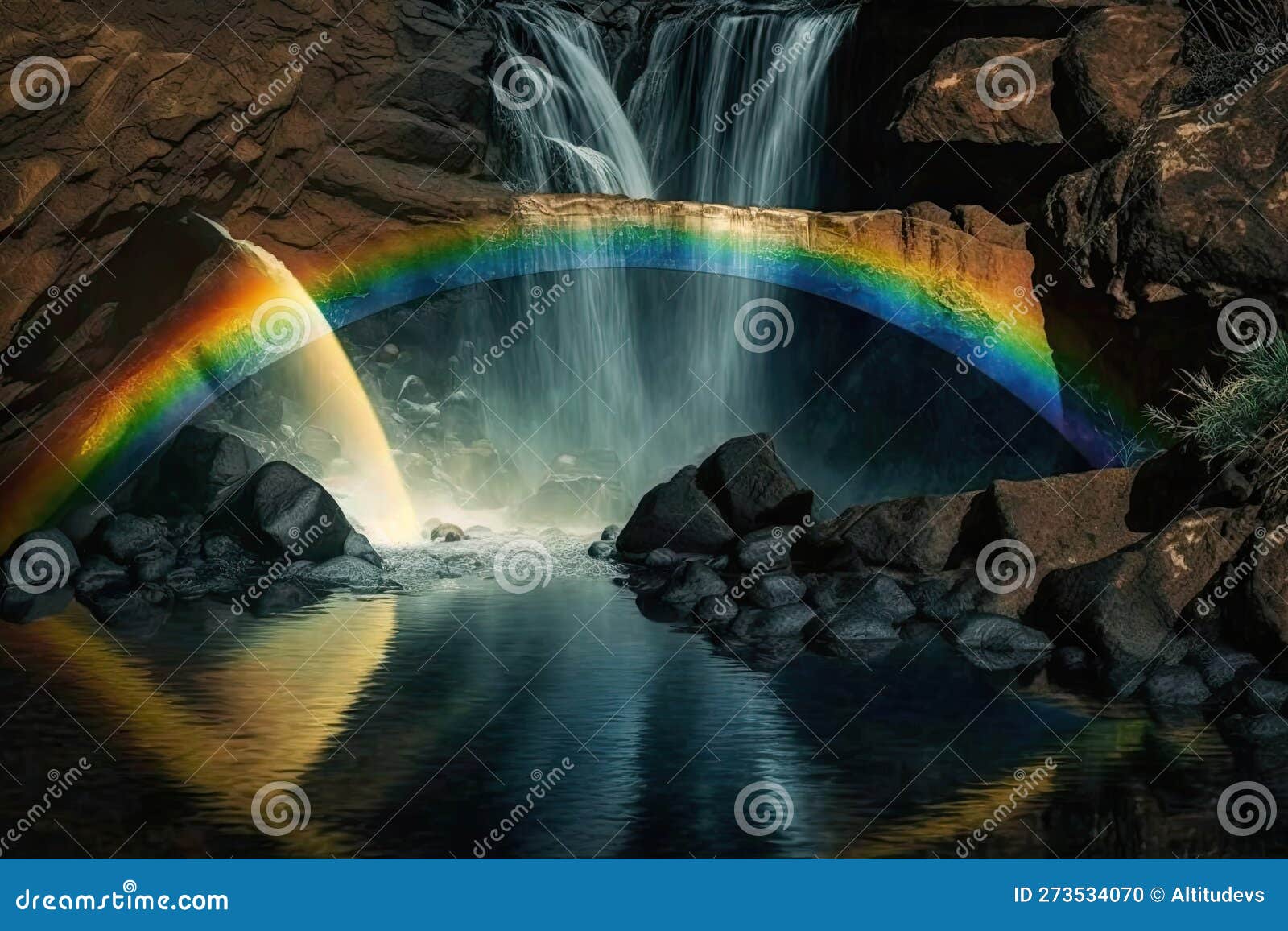 Rainbow Reflected in the Waters of a Cascading Waterfall Stock ...
