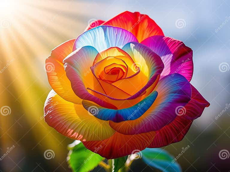 A Rainbow Rose, Large Multicolored Rose Illuminated by Rays of the Sun ...