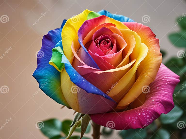 A Rainbow Rose, Large Multicolored Rose Illuminated by Rays of the Sun ...