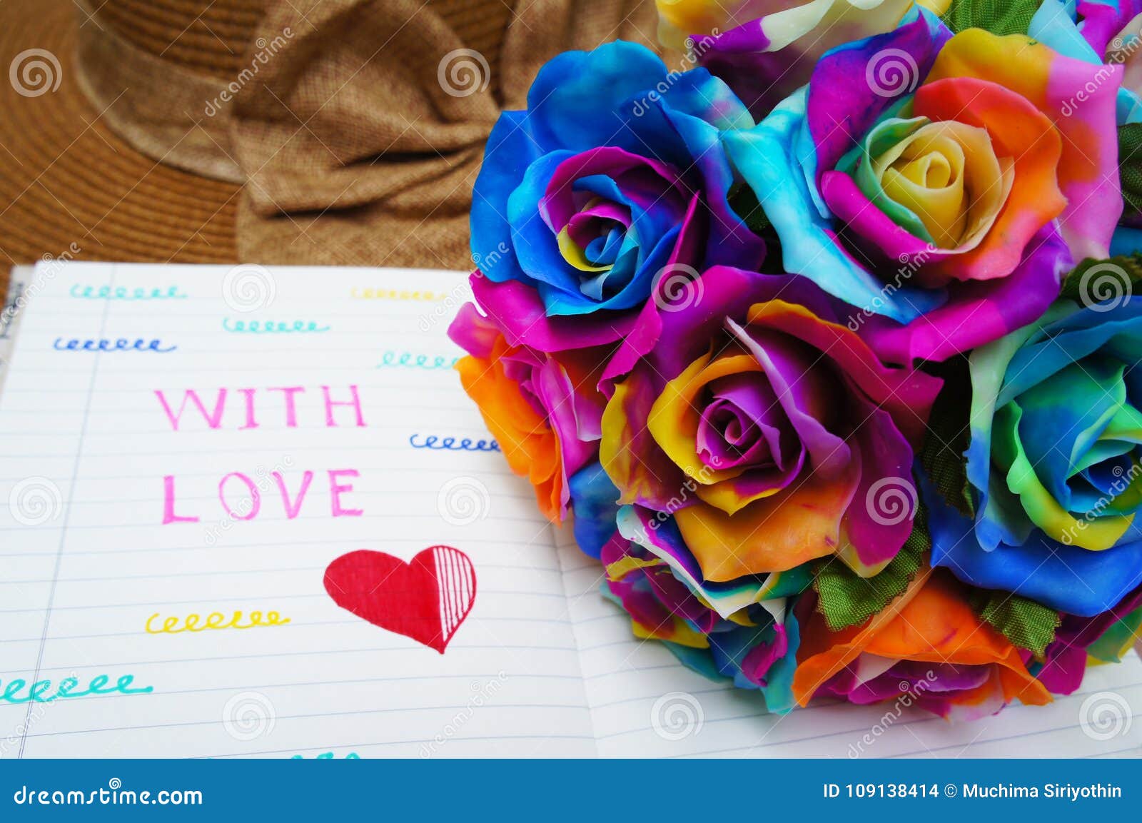 Rainbow Roses Bouquet, Multi-colored Roses with Note Book Stock Photo ... Rainbow Roses Bouquet, Multi-colored Roses with Note Book Stock Photo ...