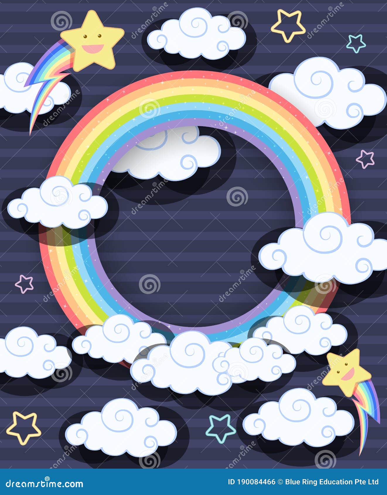 Rainbow Round Frame with Many Clouds on Night Background Stock Vector ...