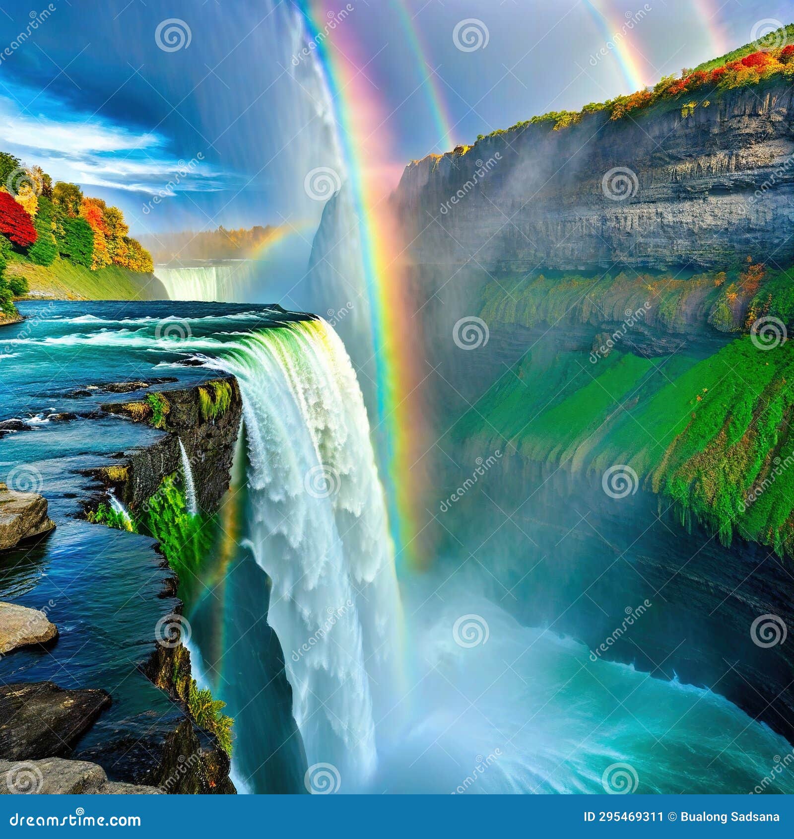 A Rainbow is Seen Over a Waterfall in the Mountains and Water with ...