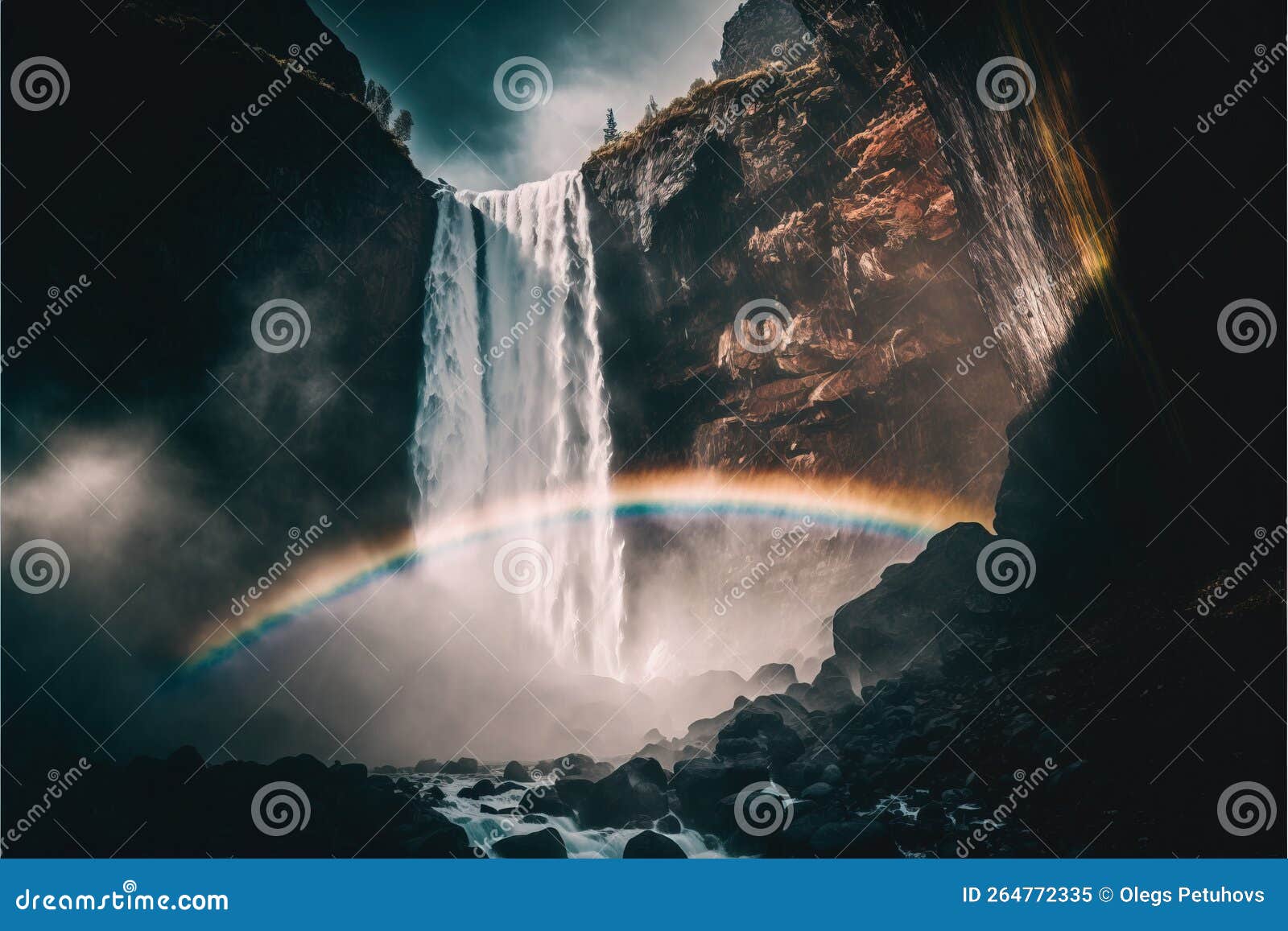 A Rainbow is Seen in the Sky Over a Waterfall and a River with Rocks ...