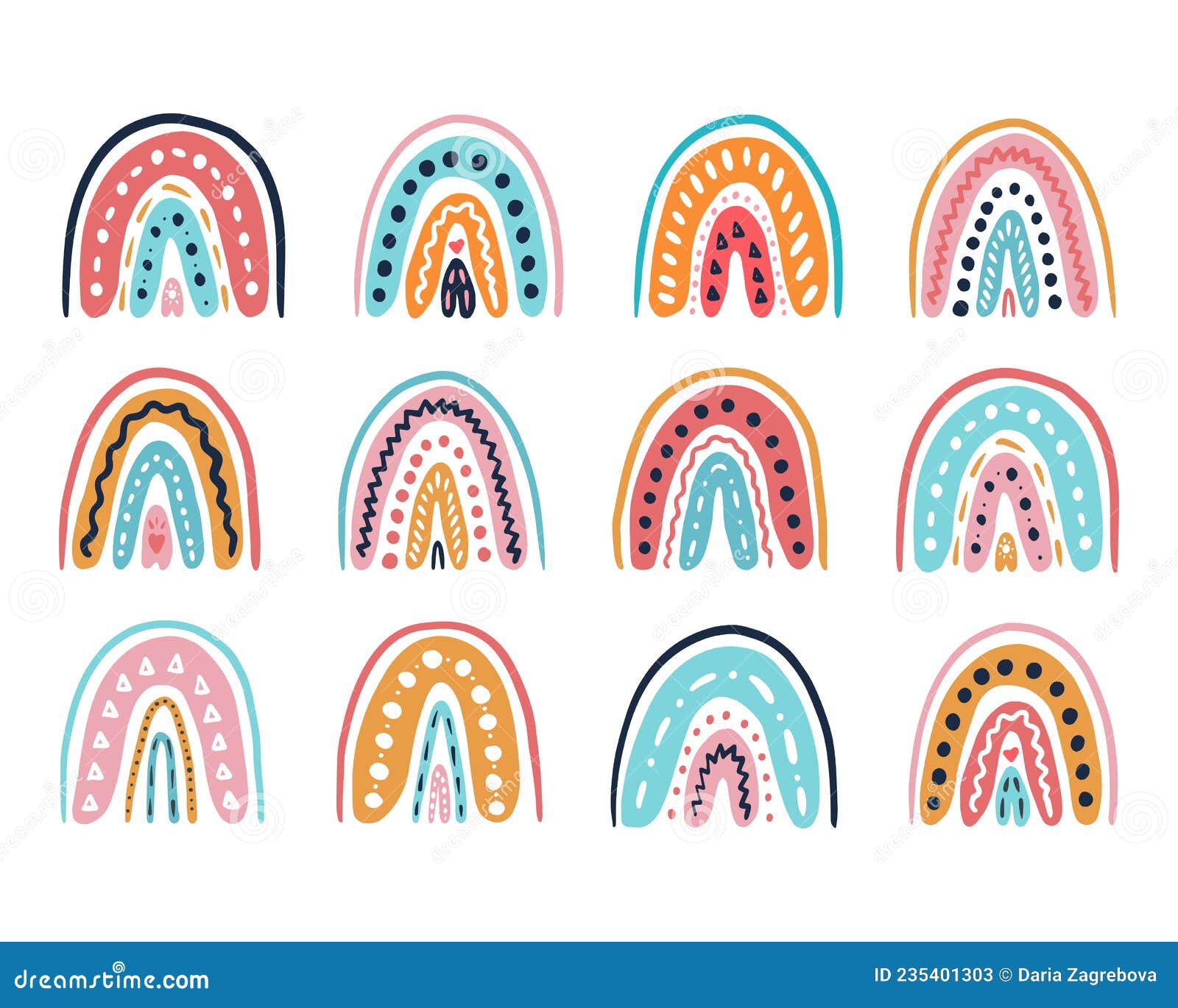 Rainbow Set in Doodle Style in Bright Colors, Vector Illustration Stock ...