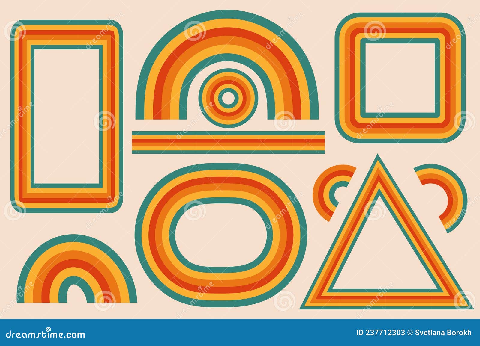 Rainbow Shapes and Frames Retro 70s Set for Your Design. Hippie ...