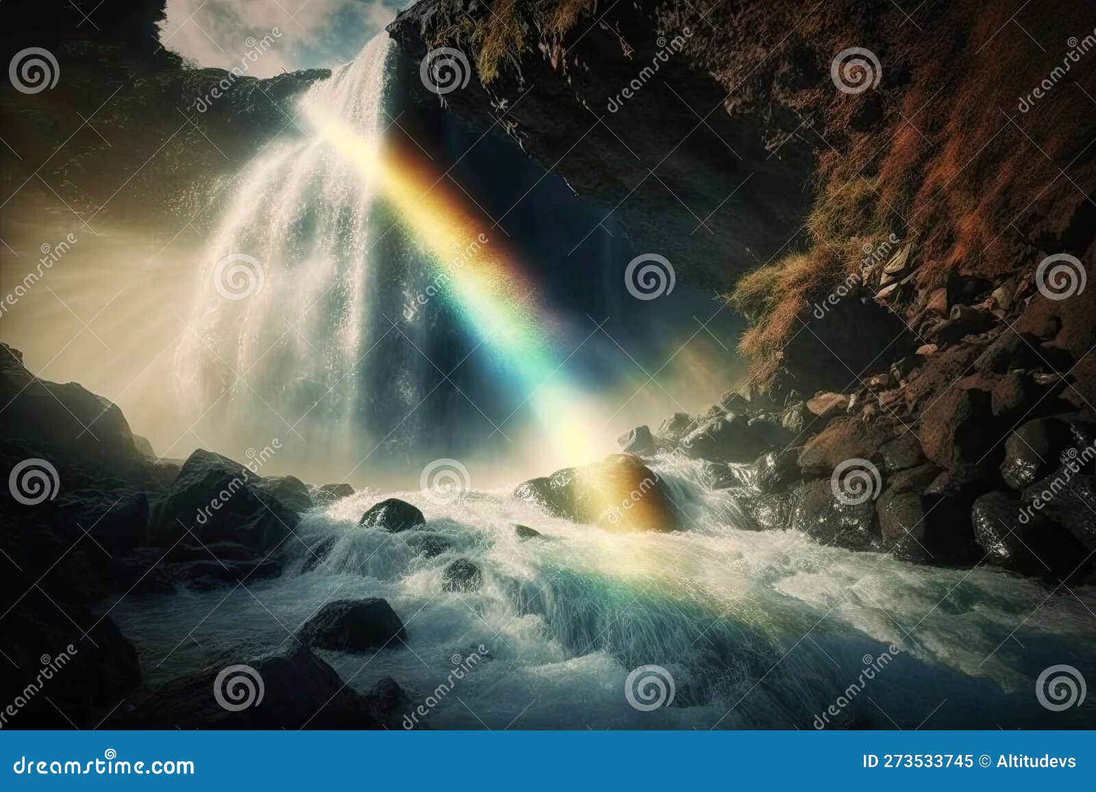 Rainbow Shining Over Cascading Waterfall, with the Sun Shining through ...