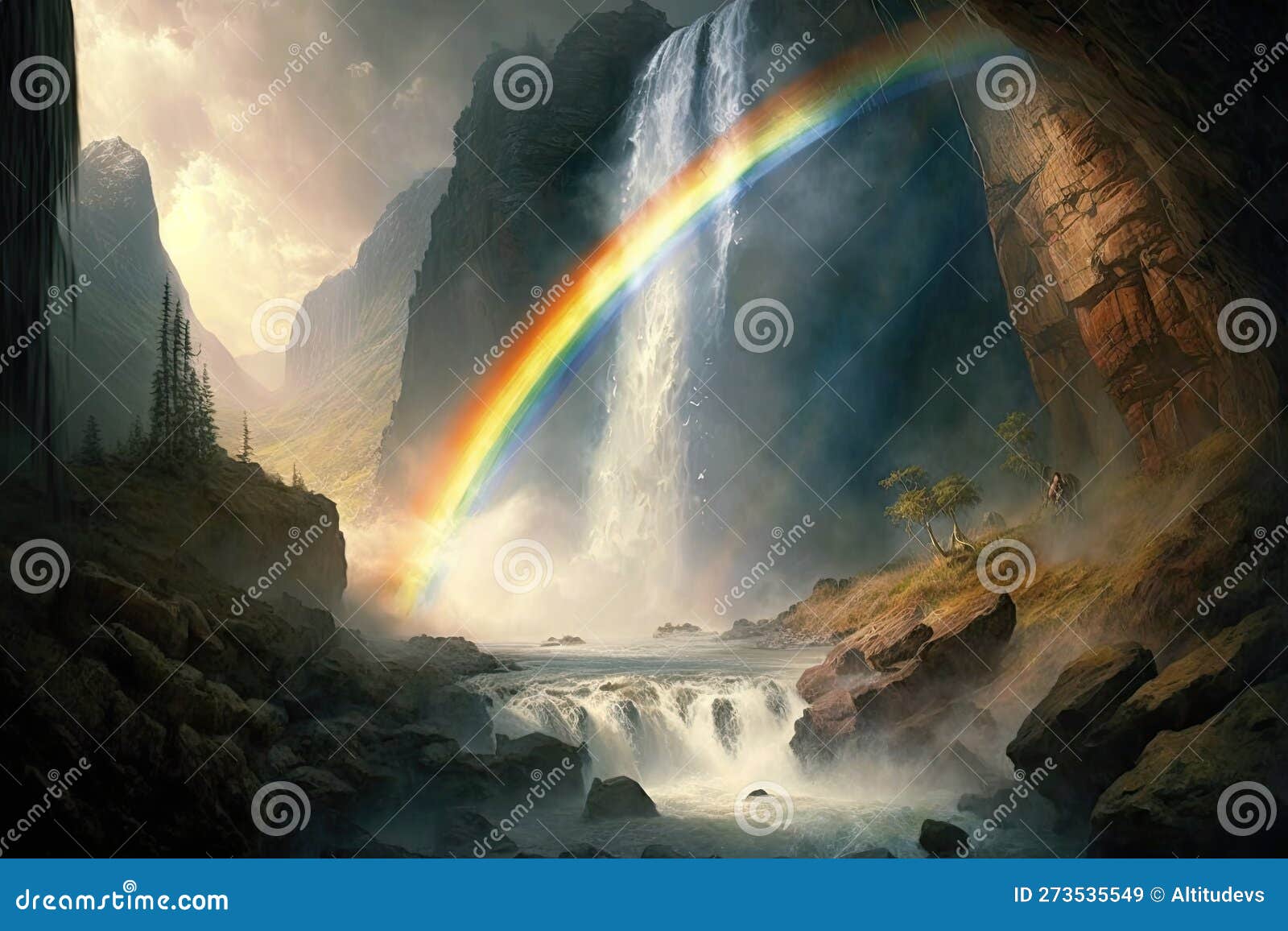 A Rainbow Shining Over a Waterfall with a Deep and Misty Ravine in the ...