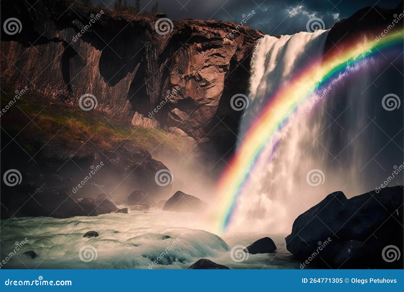 A Rainbow is Shining in the Sky Over a Waterfall and a River with a ...