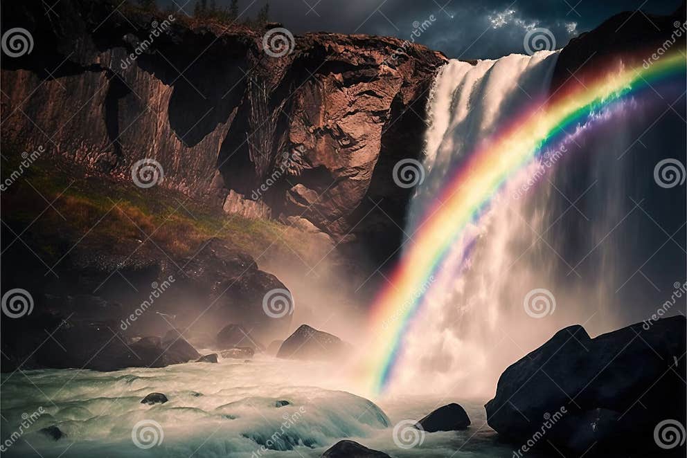 A Rainbow is Shining in the Sky Over a Waterfall and a River with a ...