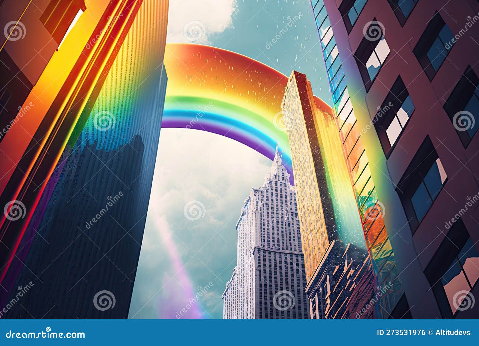 Rainbow in the Sky Above Towering Skyscrapers, with Reflections on ...