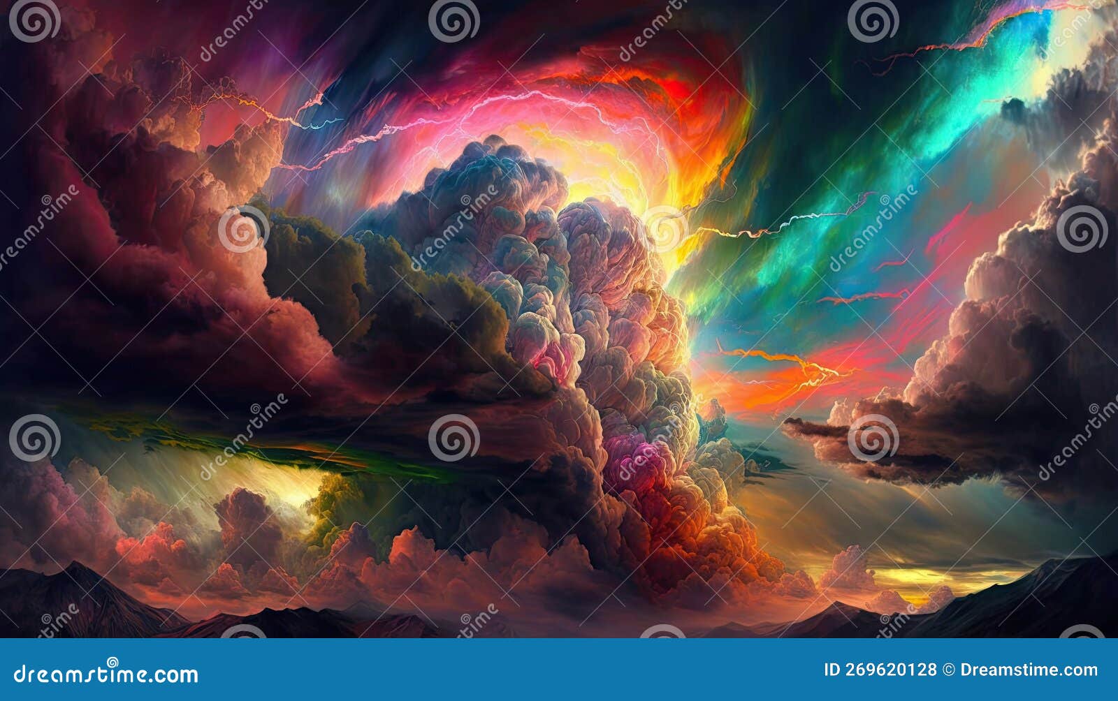 Rainbow Storm Clouds Over a Landscape. Thunder and Lightning with ...