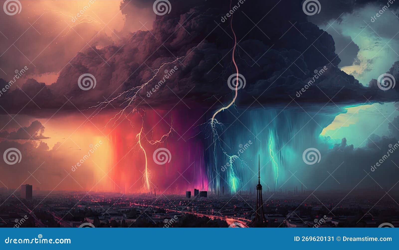 Rainbow Storm Clouds Over a Landscape. Thunder and Lightning with ...