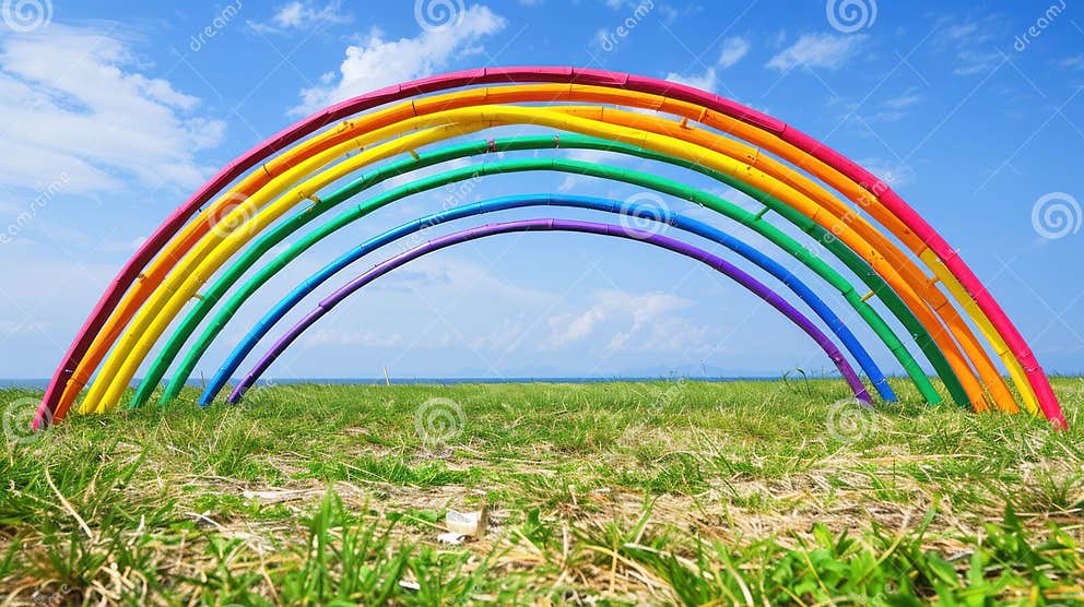 A Rainbow is Stretched Across a Field of Grass Stock Image - Image of ...