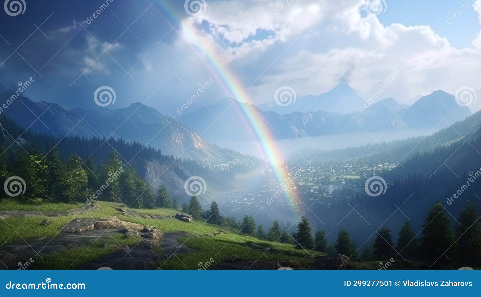 The Rainbow after the Summer Rain in the Mountains Stock Illustration ...