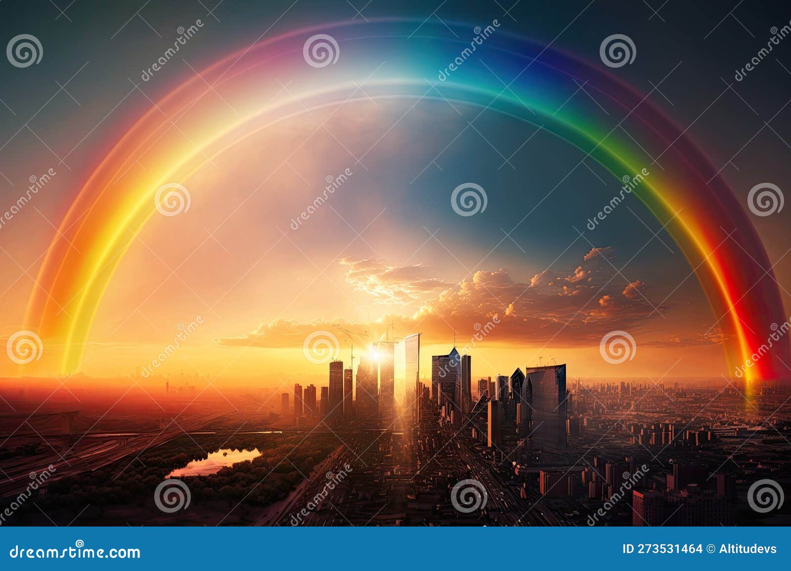 Rainbow at Sunrise, with the Sun Rising Over City Skyline Stock Photo ...