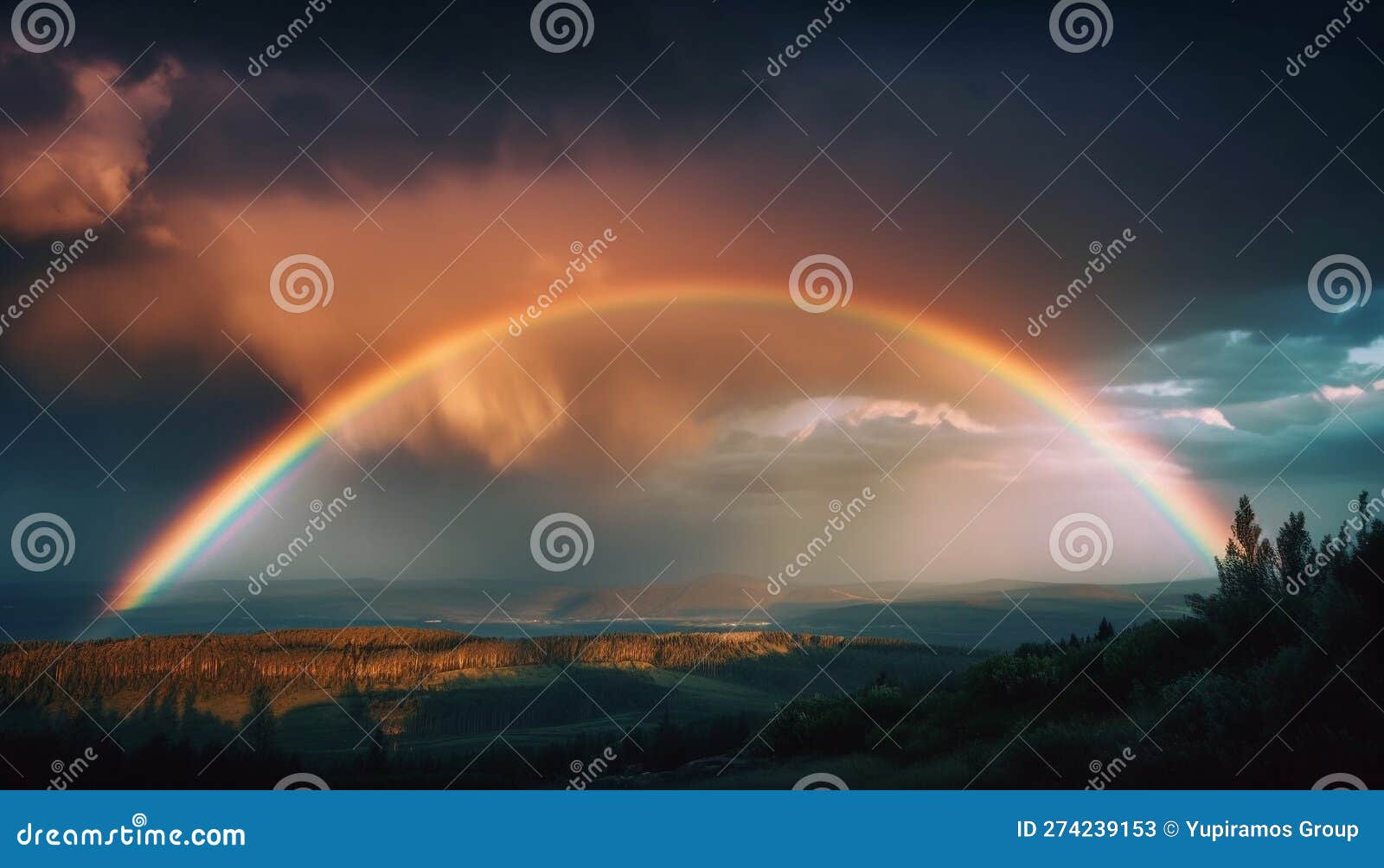 Rainbow On Sunset Sky Across A Stunning Vista Landscape,mountains ...